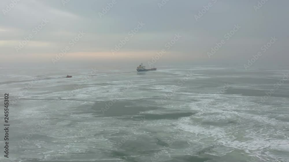 Vidéo Stock Cargo ship sailing on frozen sea in extreme winter ...