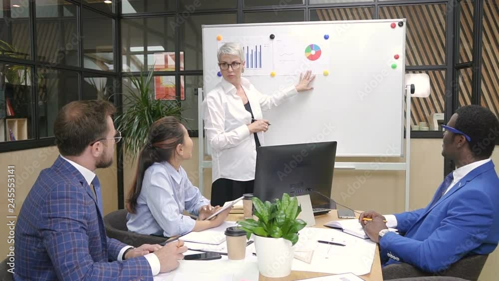 Female professional leading briefing in modern office. Multiracial ...