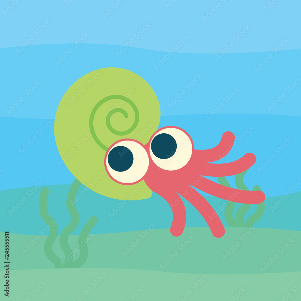 Cute Ammonoid swimming. Vector illustration of prehistoric character in ...