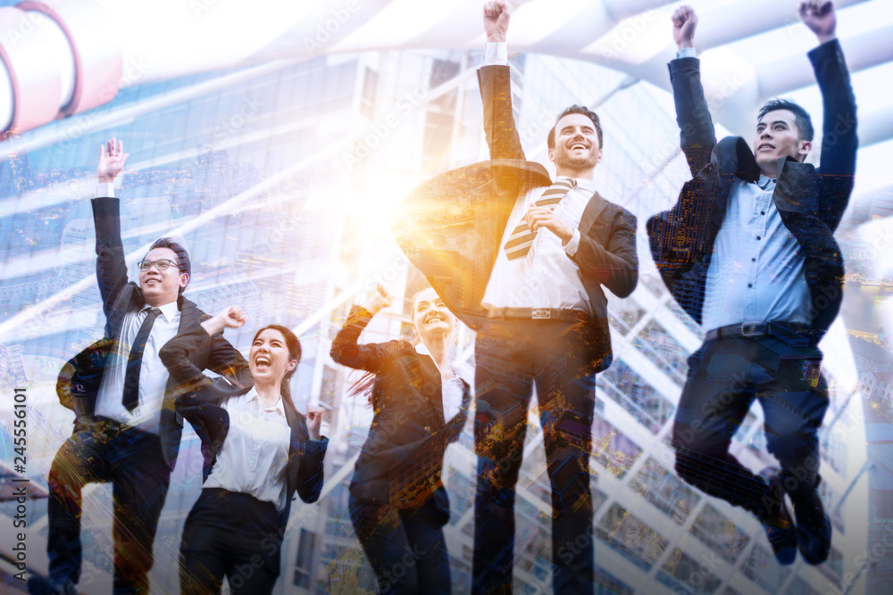 successful celebration team, group of business people jumping up to ...