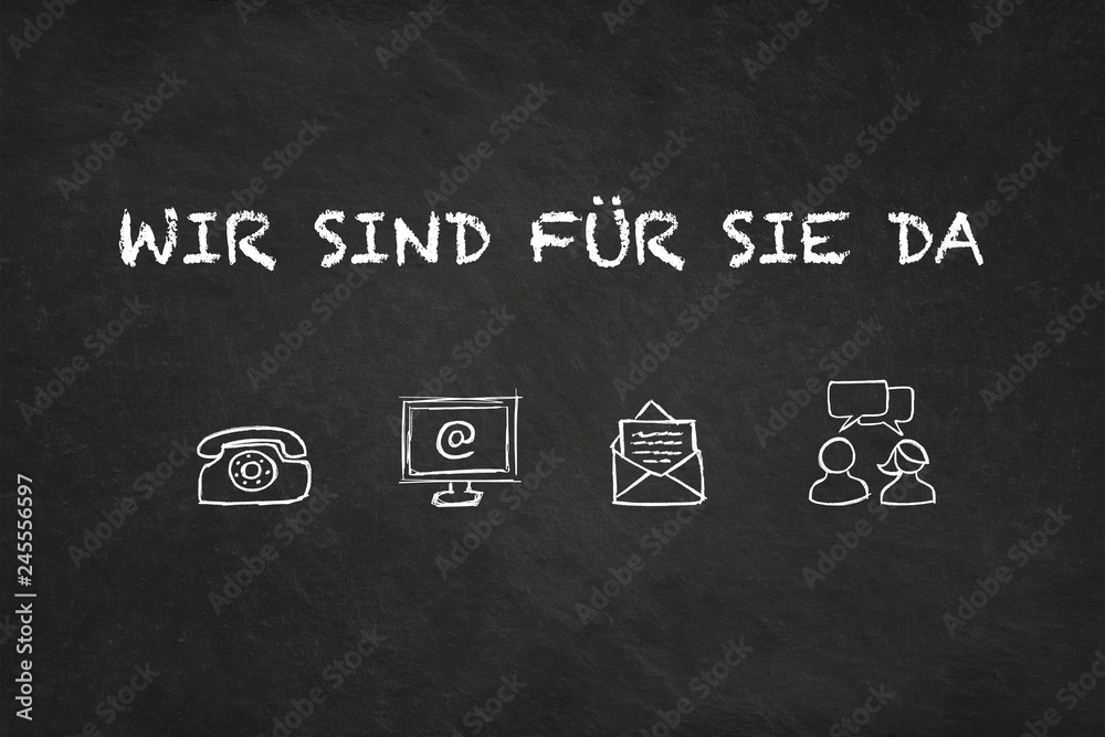 "Wir sind für sie da" und Kontakt Icons mit Kreidetafel Hintergrund Stock Illustration | Adobe Stock