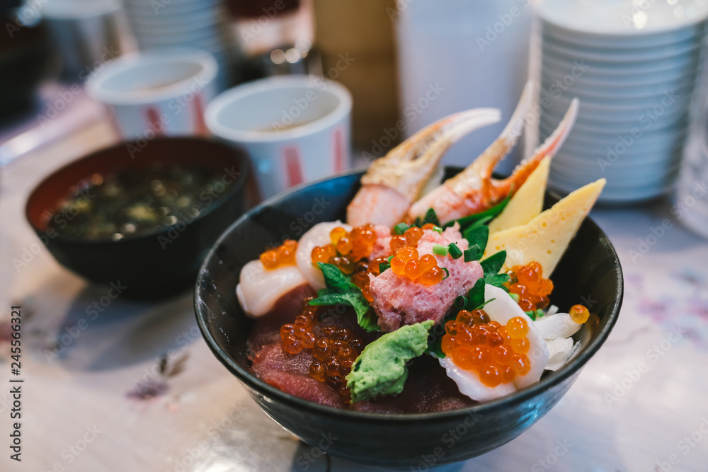 Poster Chirashi Sushi Don or sashimi donburi, Japanese seafood rice ...
