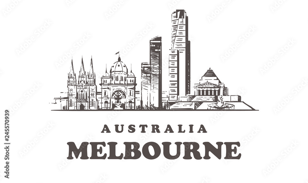 Melbourne sketch skyline, Melbourne hand drawn vector illustration ...
