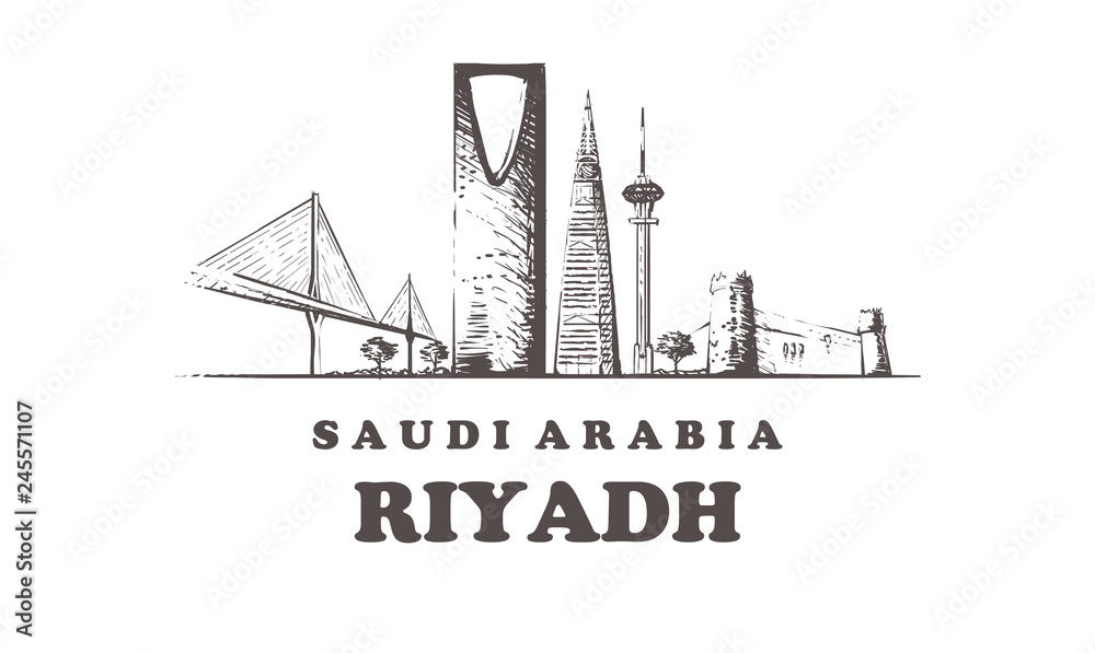 Riyadh skyline,Riyadh vintage vector illustration, hand drawn buildings ...