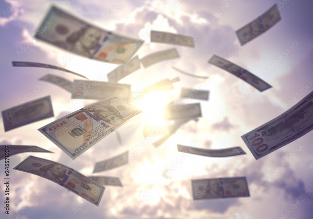 Raining money from the sky, American dollar bills falling everywhere ...