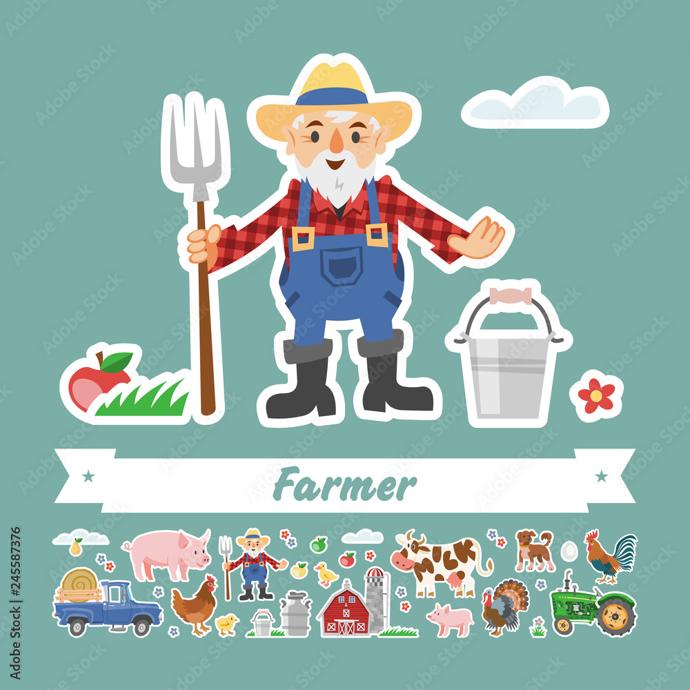 Vector illustration of funny cartoon farmer with bucket. Cute isolated ...