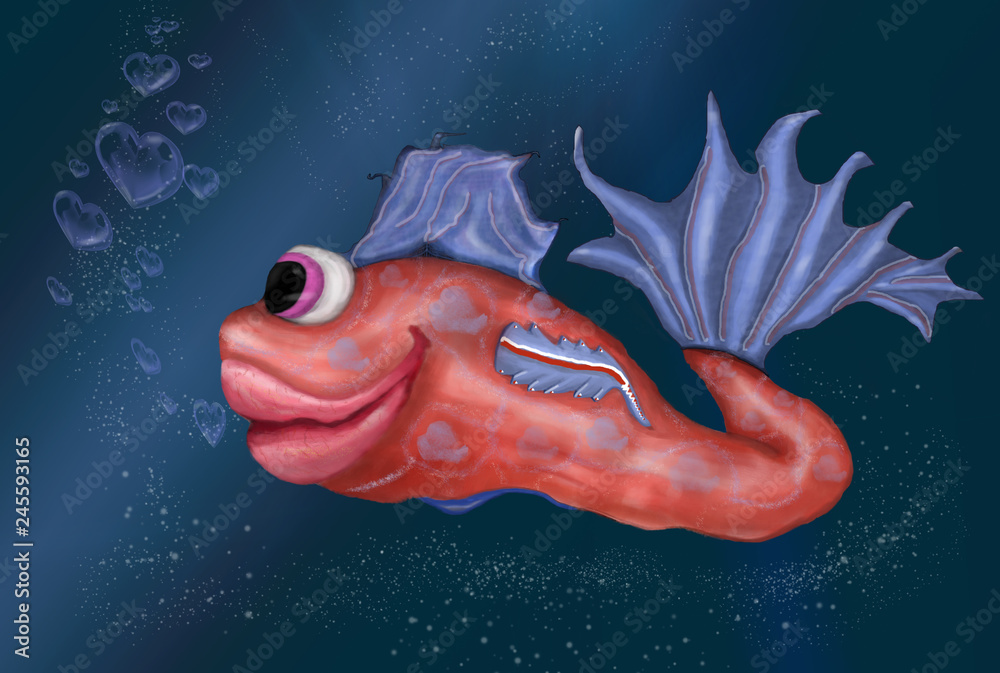 Funny happy fish with bubble hearts for Valentine's Day. Funny exotic ...