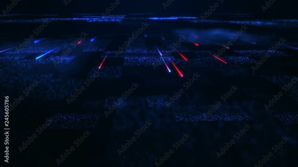 Technological background with flying glowing lines and flickering ...