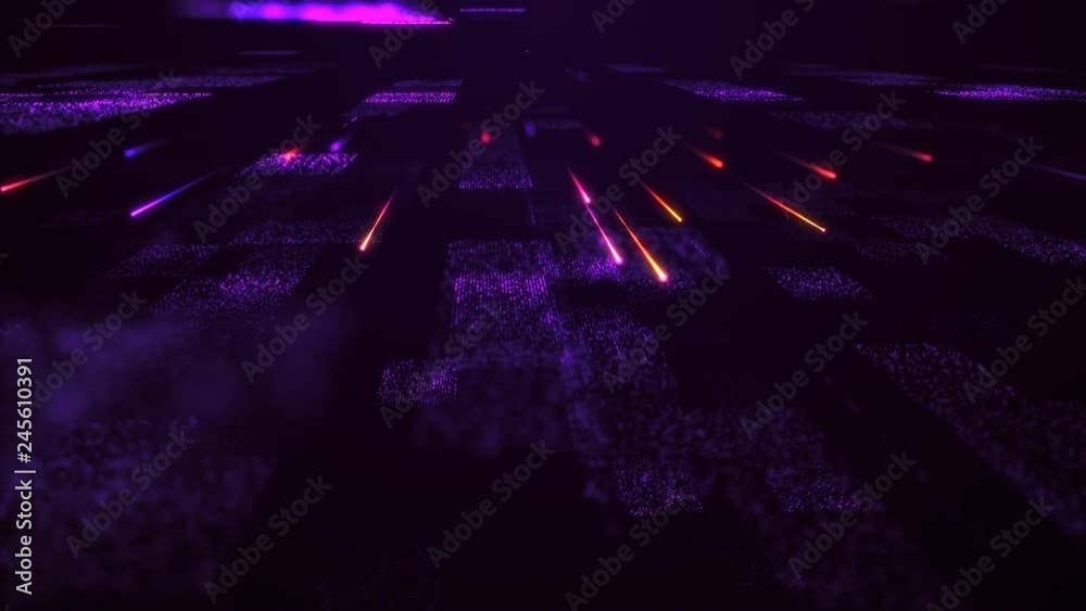 Technological background with flying glowing lines and flickering ...