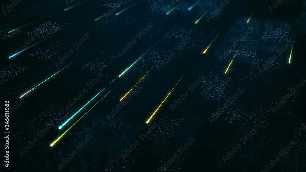 Technological background with flying glowing lines and flickering ...