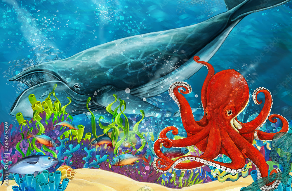 cartoon scene with whale and octopus near coral reef - illustration for ...