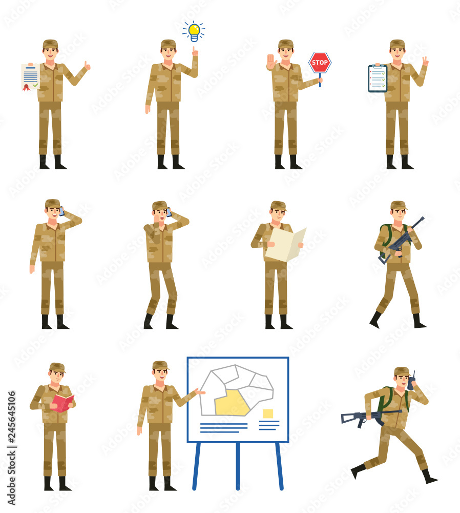 Set of soldiers showing various actions. Military man talking on phone ...