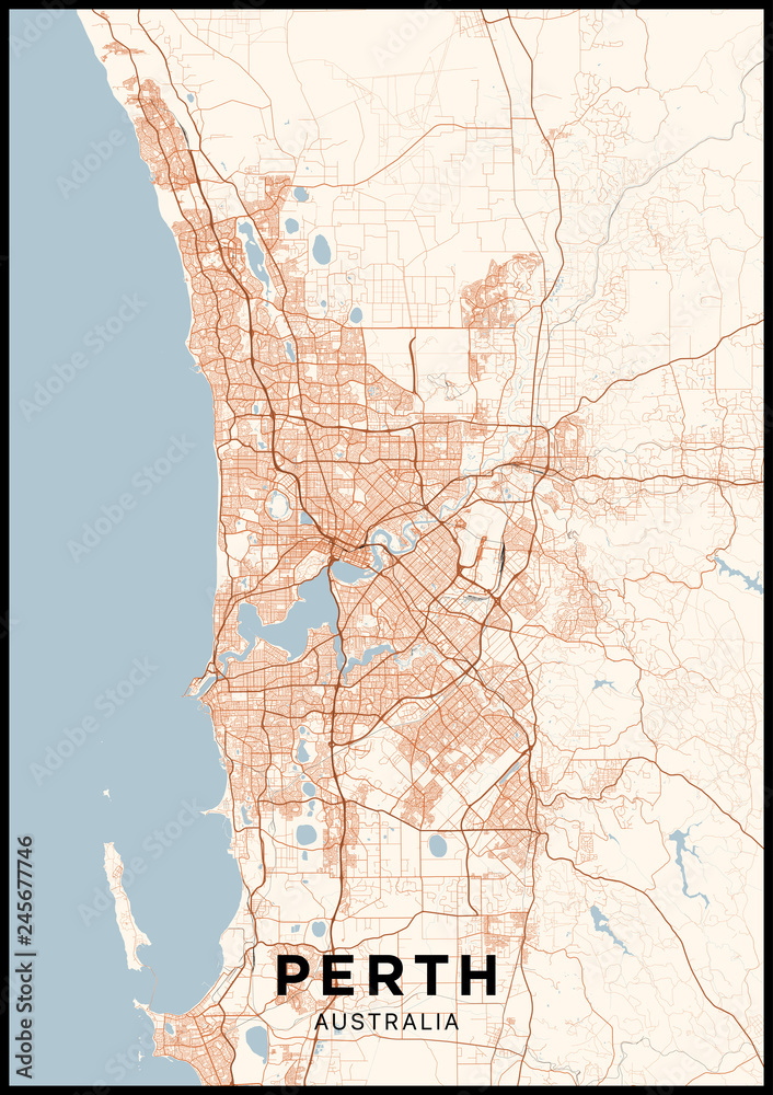 Perth (Australia) city map. Poster with map of Perth in color. Scheme ...