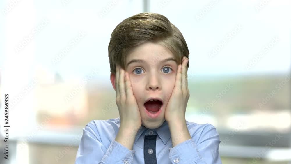 Happy surprised boy holding hands on face. Cute blue eyed little boy ...