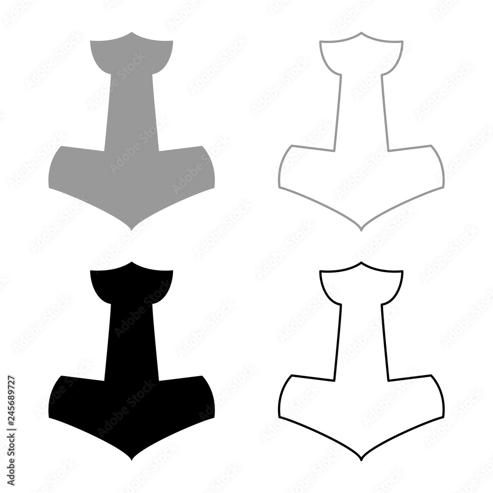 Thor's hammer Mjolnir icon set grey black color illustration outline ...