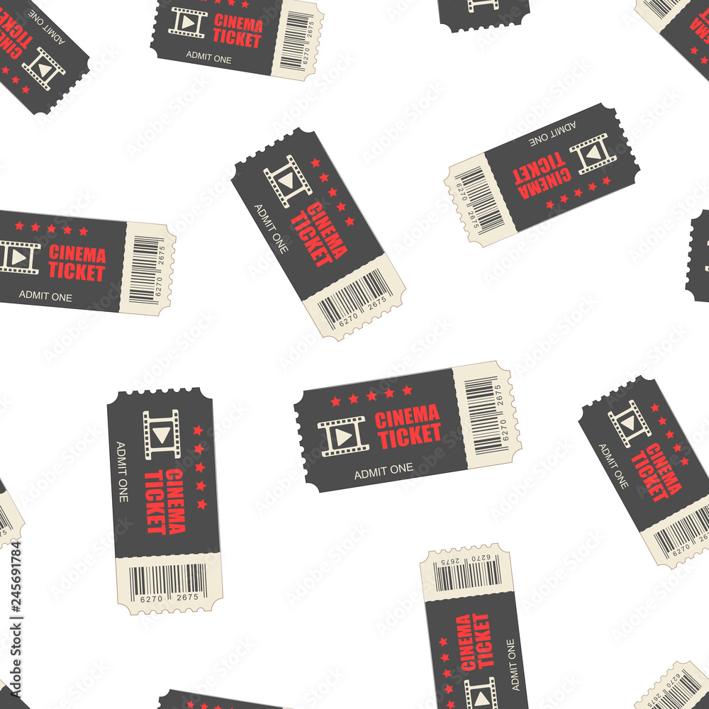 Realistic cinema ticket icon seamless pattern background. Admit one ...