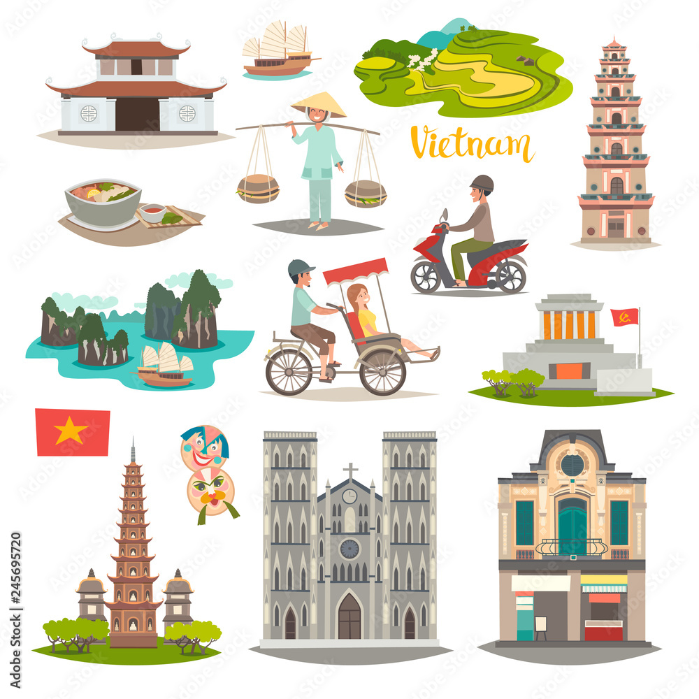 Vietnam landmark vector icons set. Illustrated travel collection about ...