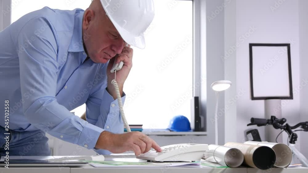 Engineer in a Design Office Make a Phone Call Talk Using a Technical ...