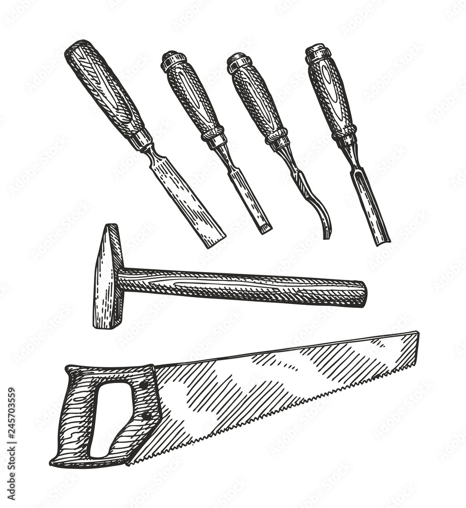 Carpentry tools sketch. Woodwork, joinery concept. Vintage vector ...