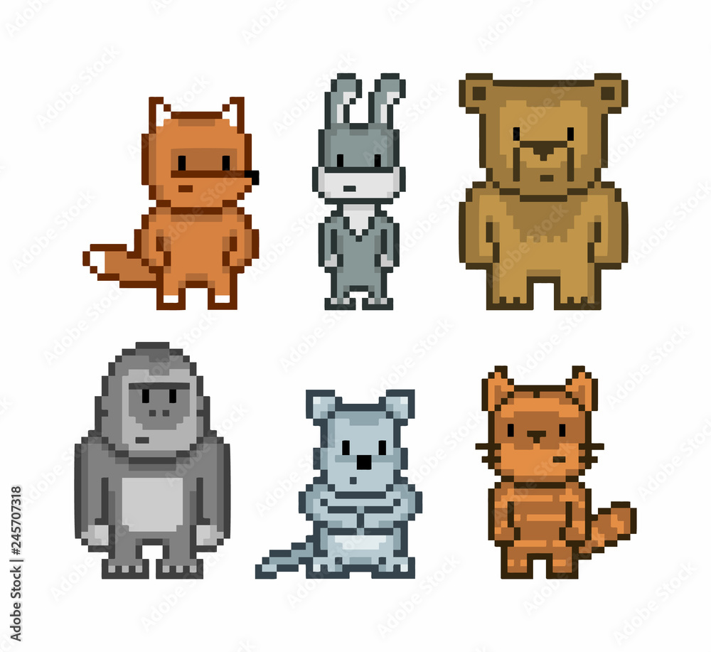 Vector pixel art collection of cute 8-bit animals Stock Vector | Adobe ...
