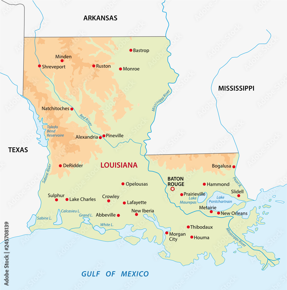 simple colored louisiana state physical vector map Stock Vector | Adobe ...