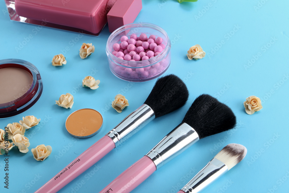 Beauty background with facial cosmetic products, leaves and cherry ...