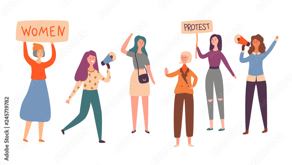 Women Feminism Character Group Protest Strike Girl Holding Feminist