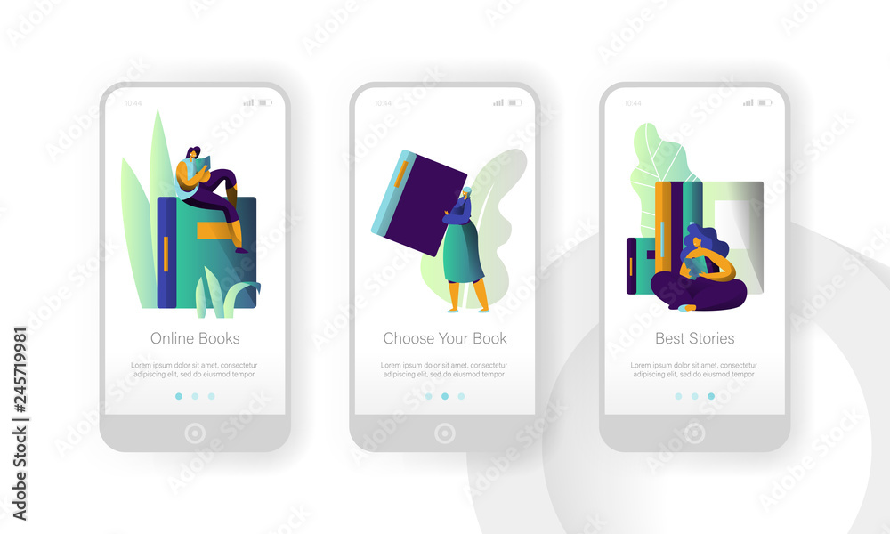 Online Book Library Modern Education Mobile App Page Onboard Screen Set ...