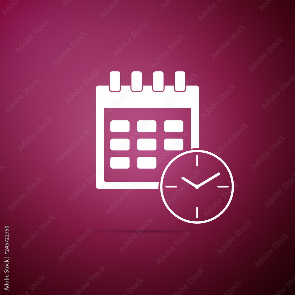 Calendar and clock icon isolated on purple background.Schedule ...