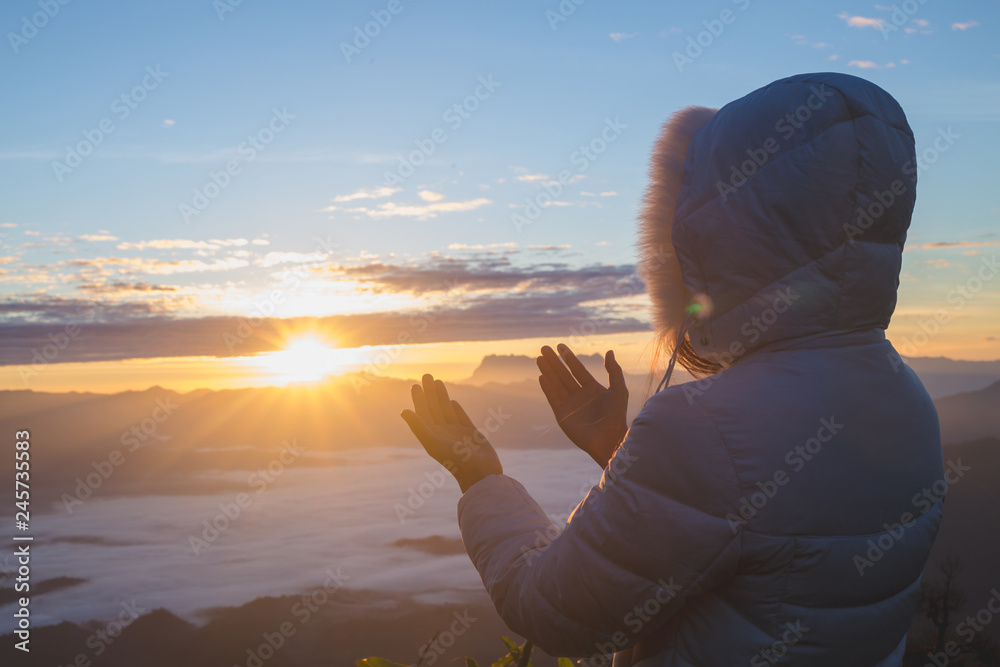 Pray in the Morning , Woman praying with hands together on the morning ...