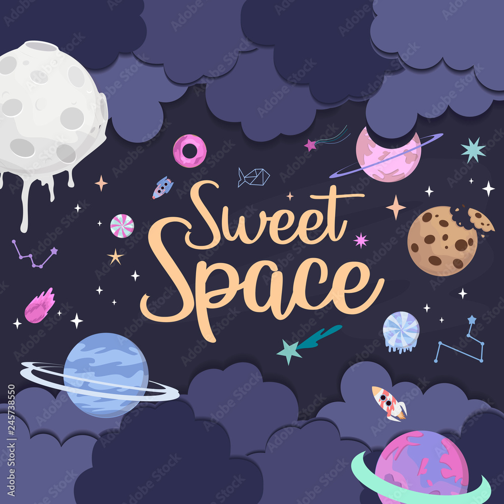 Sweet space cartoon poster with fantasy chocolate cookie, candy, donut ...