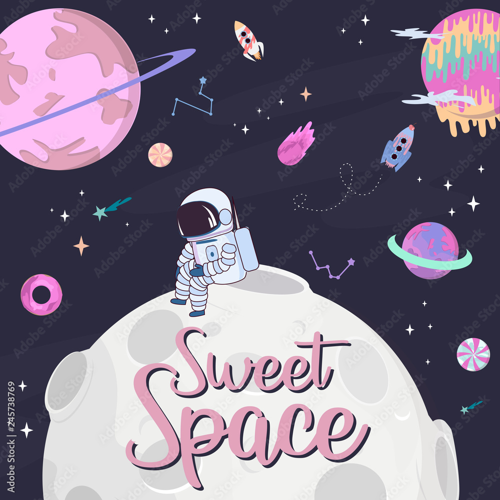 Sweet space cartoon poster with fantasy chocolate cookie, candy, donut ...