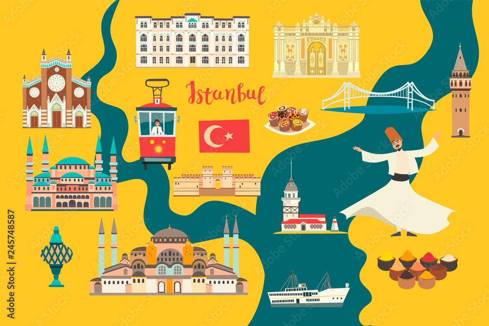 Istanbul City colorful vector map. Famous Istanbul building. Mosque and ...