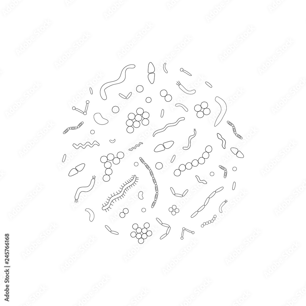 Group different types of bacterias on white background. Simple black ...