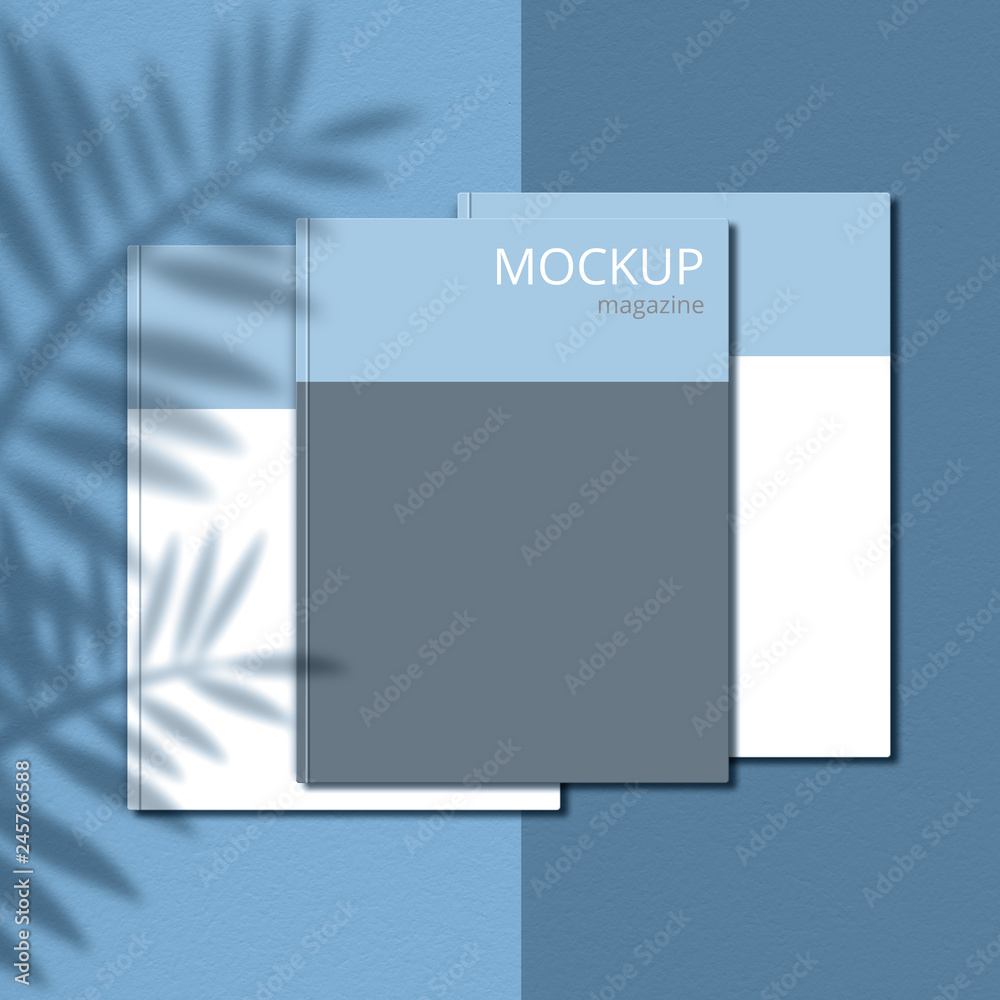 Mockup magazine against light blue background with shadow of branches ...