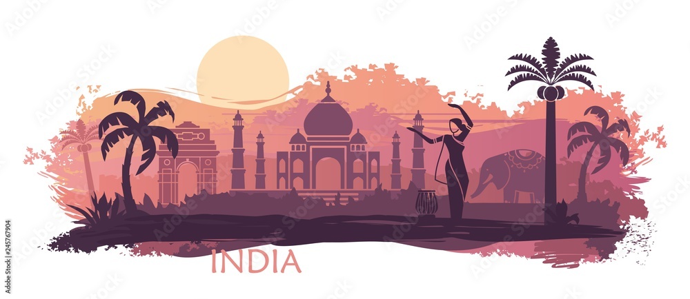Stylized landscape of India with the Taj Mahal, an elephant and a ...