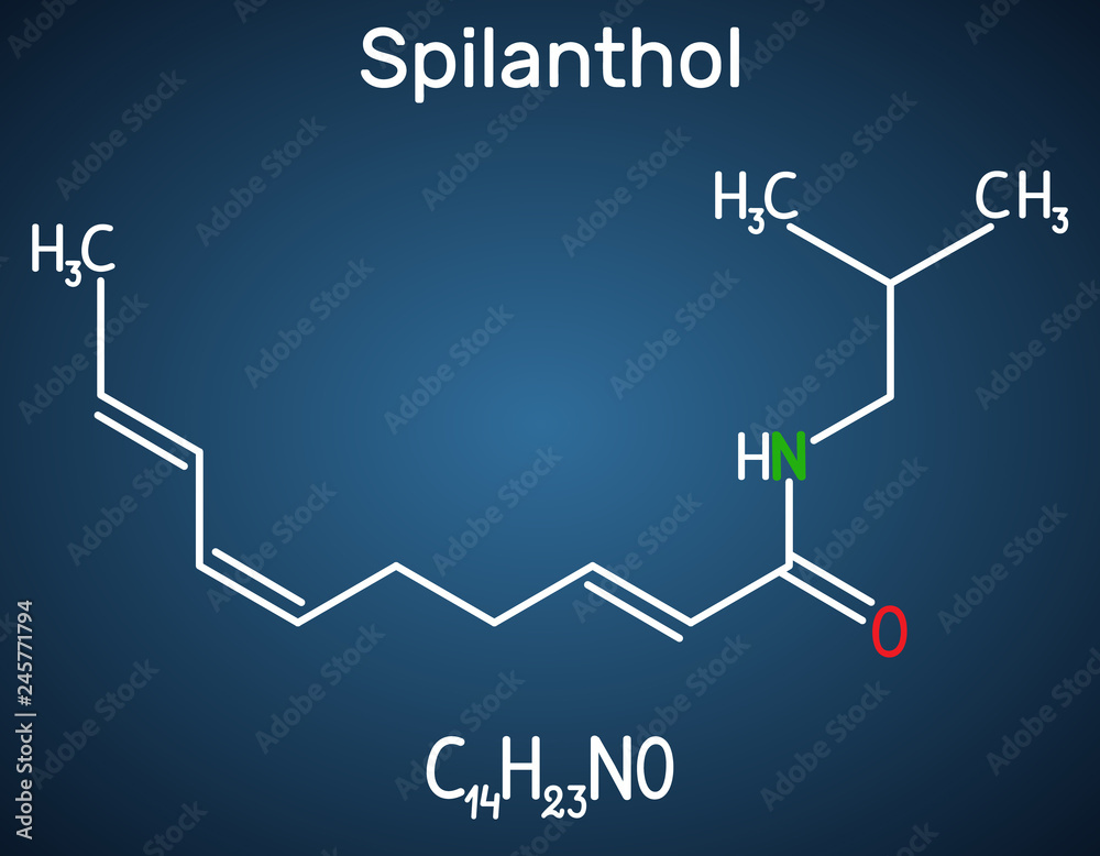Spilanthol molecule. It is a fatty acid amide, is used for the local ...