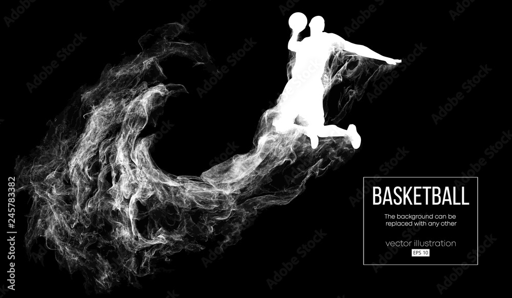 Abstract silhouette of a basketball player on dark black background ...