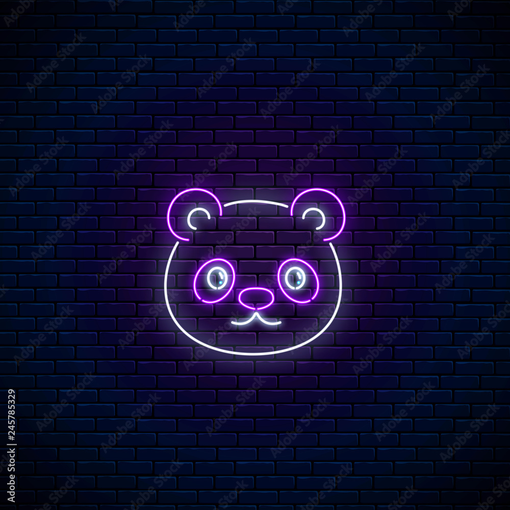 Glowing neon sign of cute panda in kawaii style. Cartoon happy smiling ...