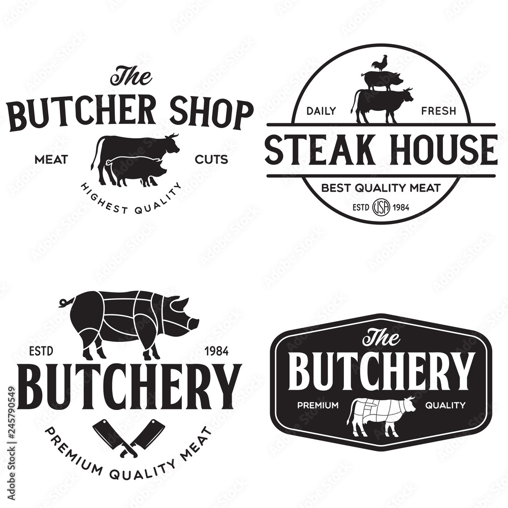 Set of Butcher Shop and Butchery hand written lettering logo, label ...