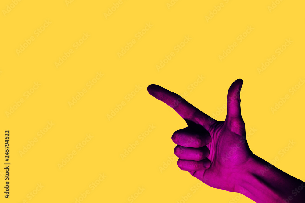Isolated hand photo on yellow background. Pink hand collage style ...