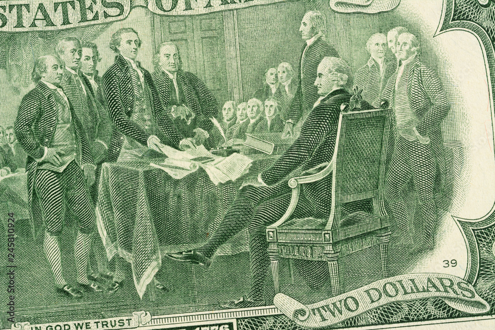 Part of back side of two dollar banknote background. High resolution ...