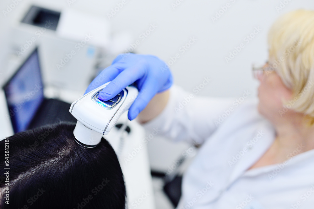 doctor dermatologist diagnoses the structure of the hair of a young ...