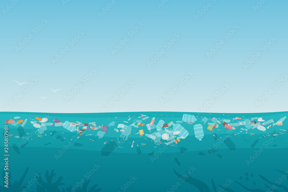 Plastic pollution trash on sea surface with different kinds of garbage ...