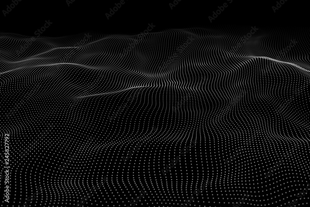 Wave 3d. Wave of particles. Futuristic point wave. Design for poster. Technology vector ...