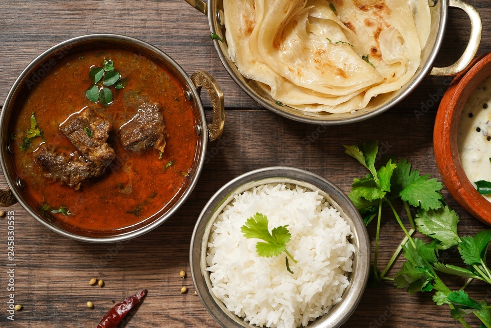 Goat or Lamb Mutton curry with rice nd roti/ Indian meal Stock Photo ... Goat or Lamb Mutton curry with rice nd roti/ Indian meal Stock Photo ...
