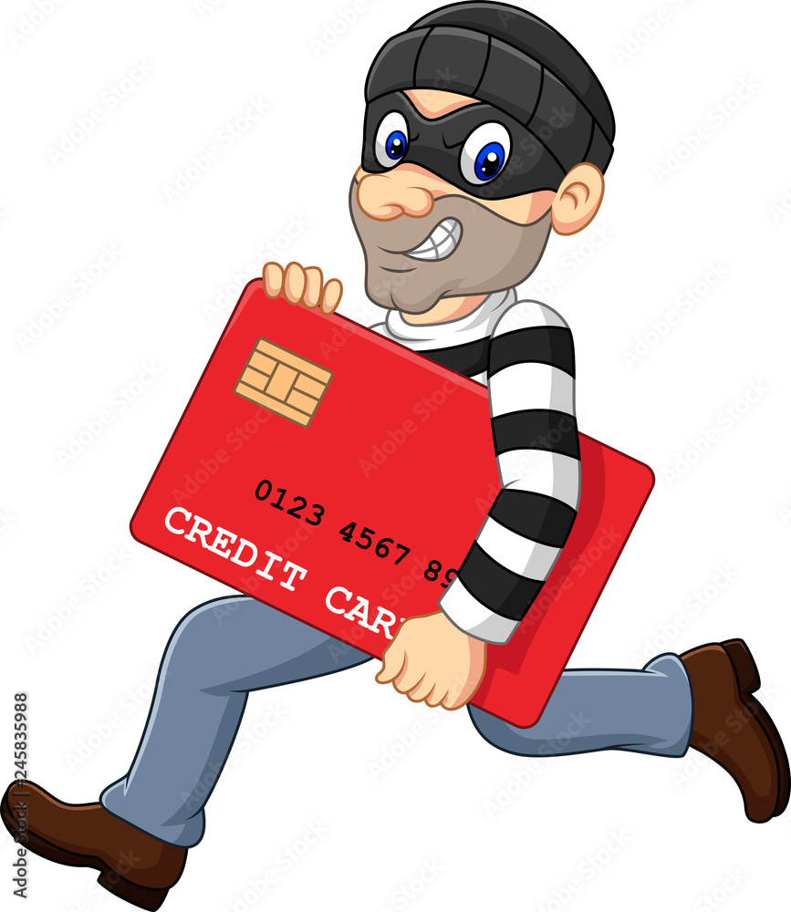 Cartoon thief in a mask stealing a bank credit card and running Stock ...
