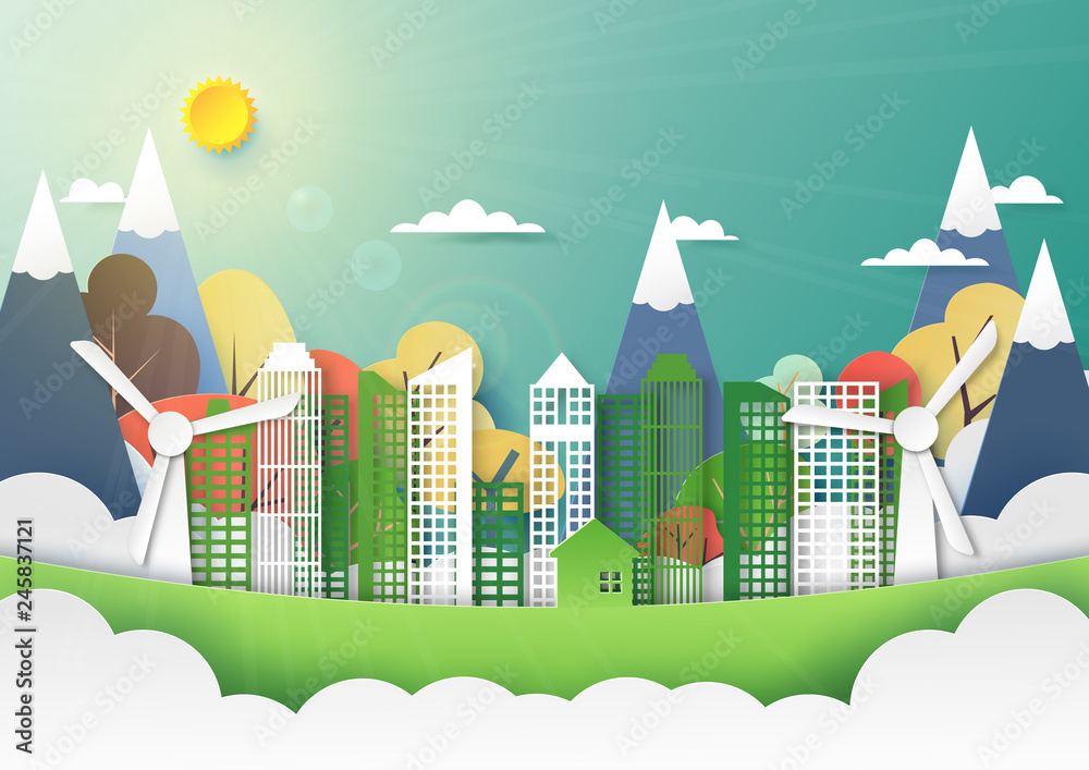 Paper art of Colorful nature landscape and green city background ...
