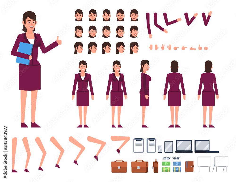Businesswoman creation kit. Create your own action, pose, animation. Various design elements ...