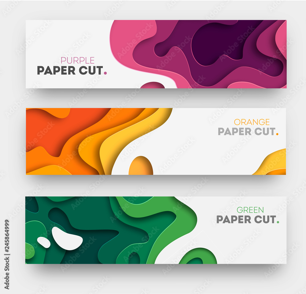Horizontal banners with 3D abstract background, white paper cut shapes ...